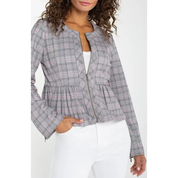 LIVERPOOL Plaid Peplum Zip Jacket - Grey/blush Plaid