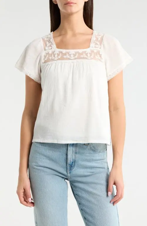 Lucky Brand Lace Mesh Square Neck Top - Cream