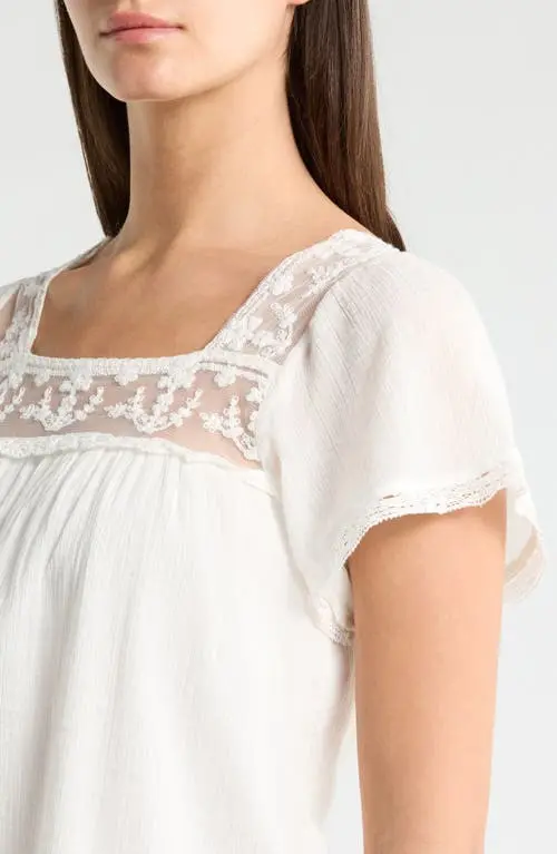 Lucky Brand Lace Mesh Square Neck Top - Cream