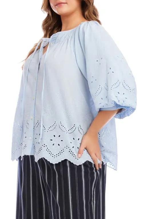 Karen Kane Eyelet Embroidered Cotton Button-up Top - Blue