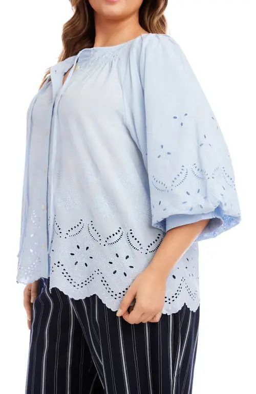 Karen Kane Eyelet Embroidered Cotton Button-up Top - Blue