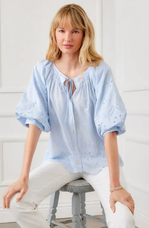 Karen Kane Eyelet Embroidered Cotton Button-up Top - Blue