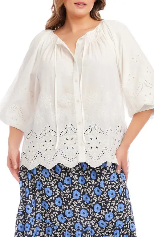 Karen Kane Eyelet Embroidered Cotton Button-up Top - White