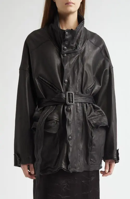 NACKIYE Oversized Belted Leather Coat