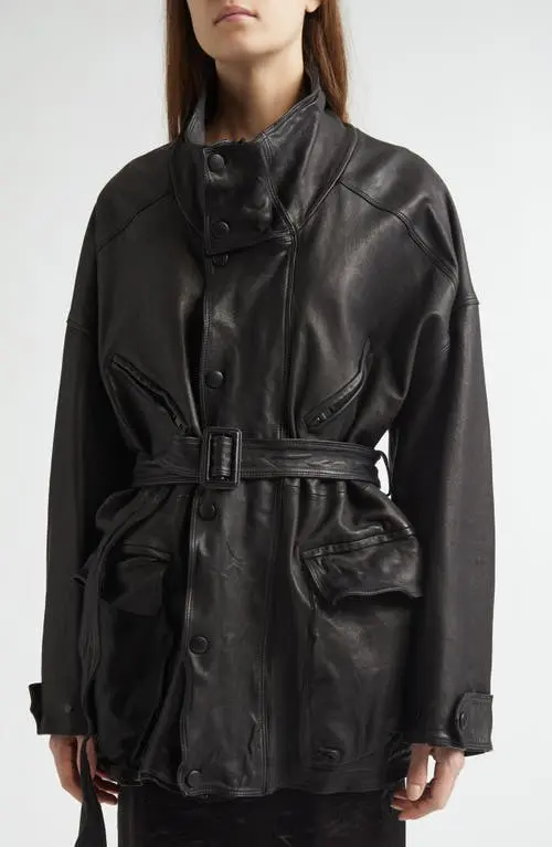 NACKIYE Oversized Belted Leather Coat