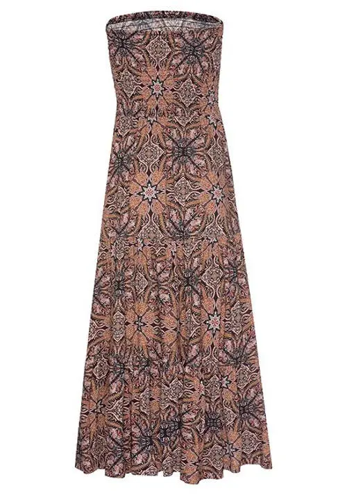 LASCANA Printed Smocked Convertible Maxi Dress - Brown Multi