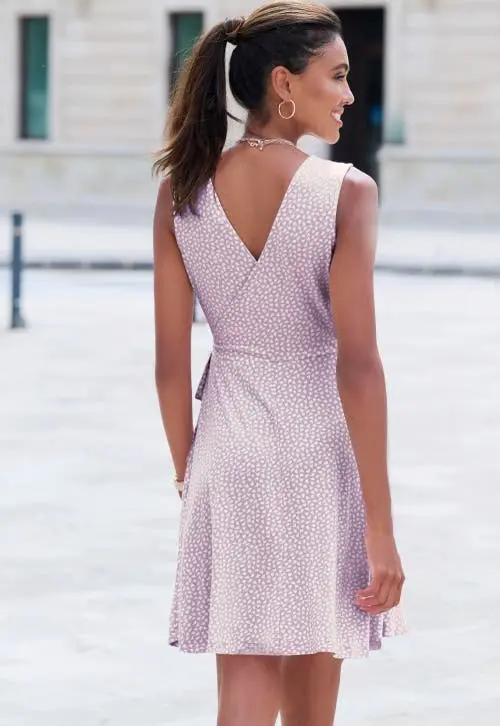 LASCANA Sleeveless Wrap Front Floral Print Jersey Dress - Lilac Printed