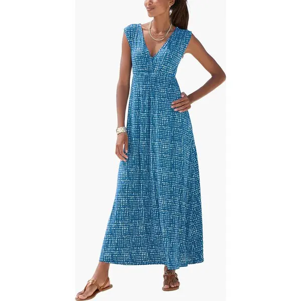 LASCANA Printed V-neck Sleeveless Maxi Dress - Blue-printed