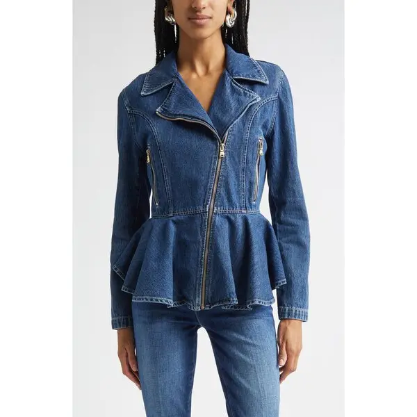 L'Agence Moxie Denim Peplum Biker Jacket