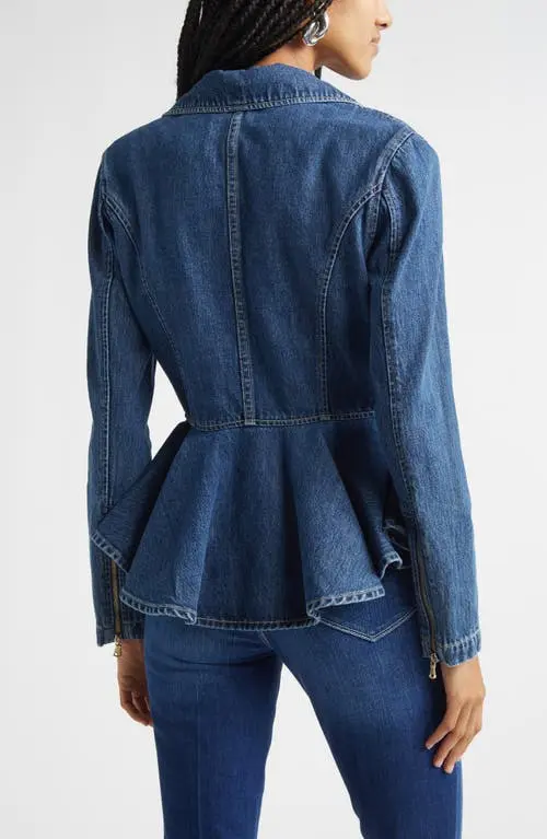 L'Agence Moxie Denim Peplum Biker Jacket