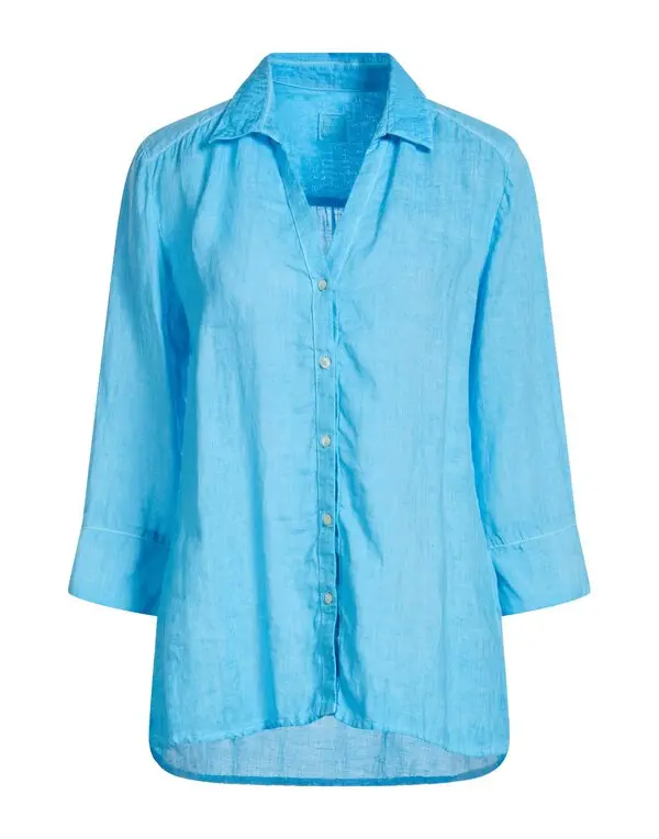 120% Lino Shirt In Linen With Gathered Details - Blue