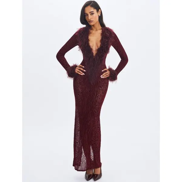 MISS CIRCLE Luana Fur Trimmed Crochet Maxi Dress - Burgundy