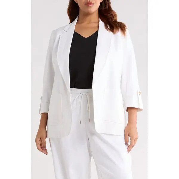 Jones New York Linen-blend Blazer With Roll-tab Sleeves - Natural White