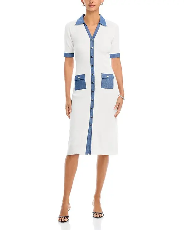 T Tahari Elbow Sleeve Ribbed Sweater Dress - White Star/denim