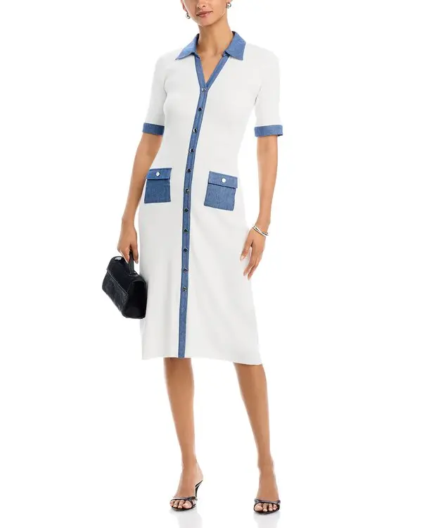 T Tahari Elbow Sleeve Ribbed Sweater Dress - White Star/denim