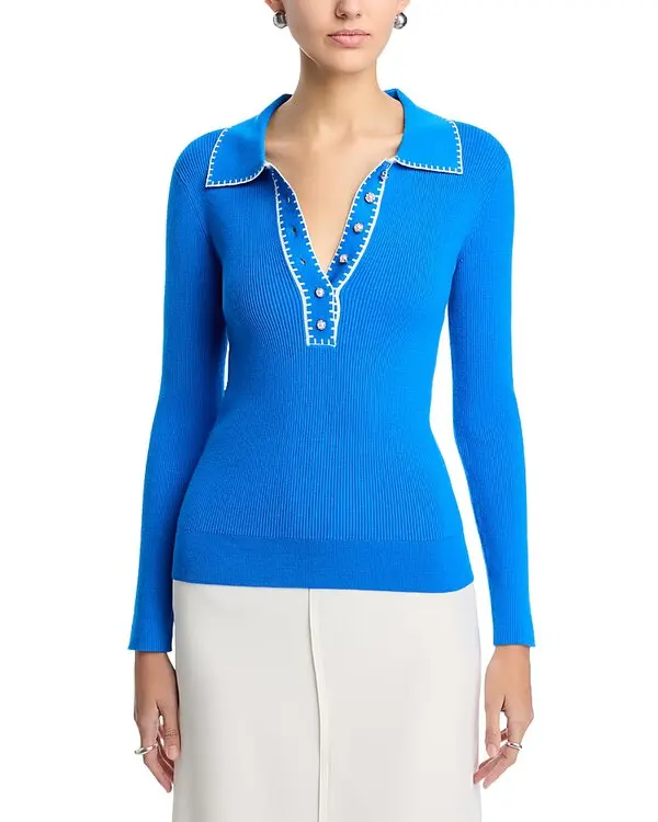 T Tahari Contrast Whipstitch Ribbed Sweater - Cobalt Stone