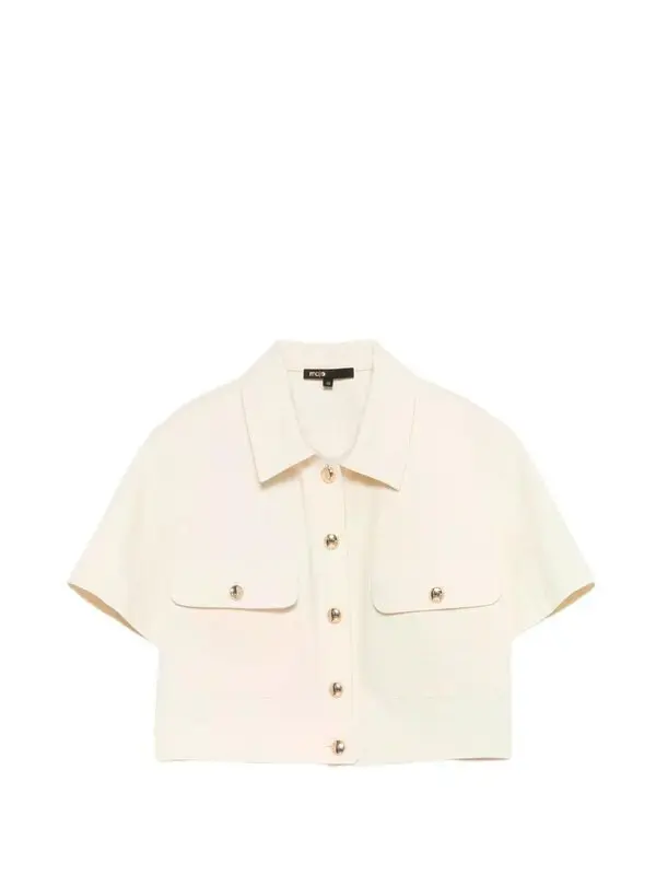 Maje Cropped Textured Cotton Shirt Jacket With Gold-tone Buttons