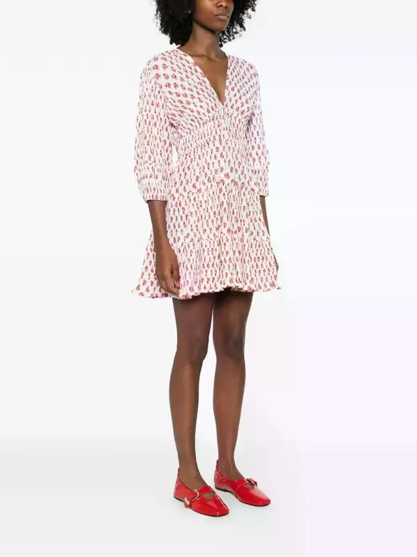 Maje Floral V-neck Mini Dress With Smocked Waist And Ruffled Tiered Skirt - White