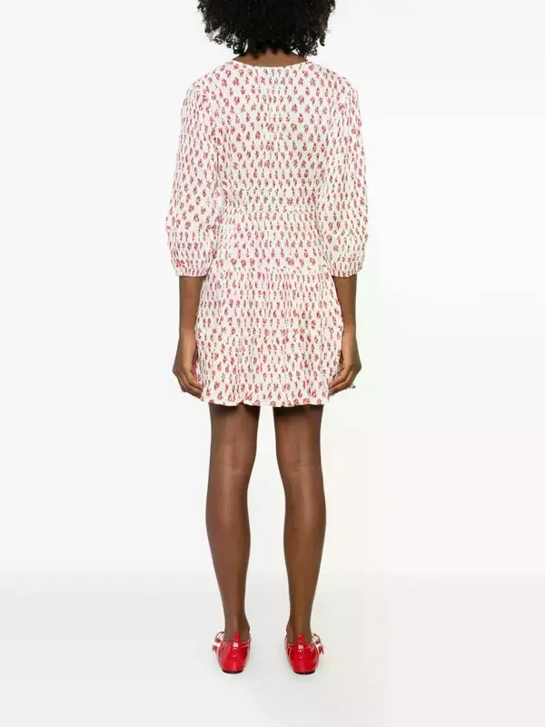 Maje Floral V-neck Mini Dress With Smocked Waist And Ruffled Tiered Skirt - White
