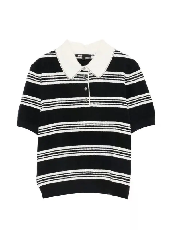 Maje Striped Polo With Rhinestone Collar