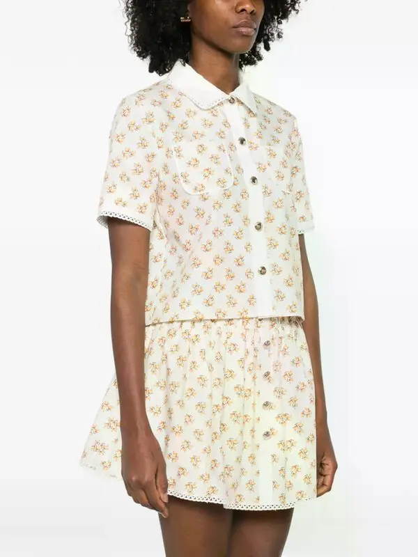 Maje Floral Print Cropped Shirt With Lace Trim