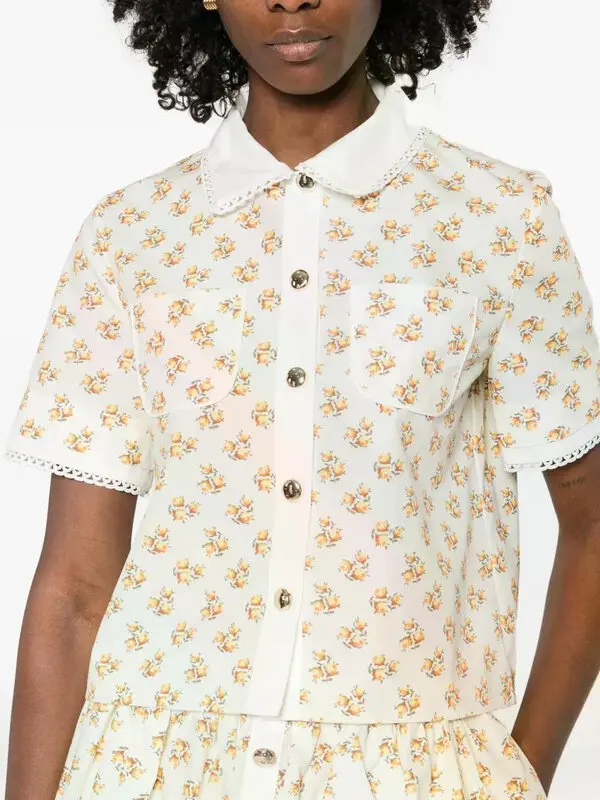 Maje Floral Print Cropped Shirt With Lace Trim