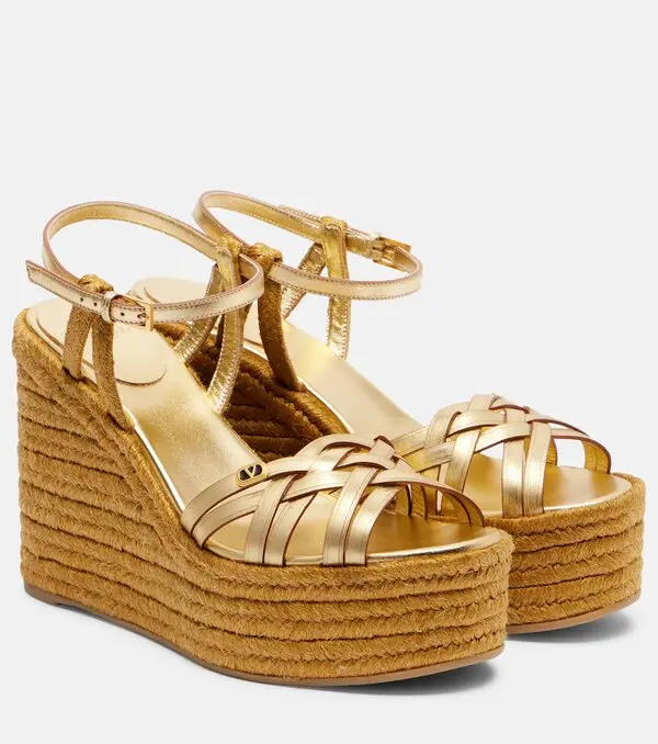 Valentino Garavani Vlogo Leather Espadrille Wedges - Gold