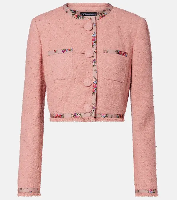 Dolce & Gabbana Floral Cropped Cotton-blend Tweed Jacket - Pink