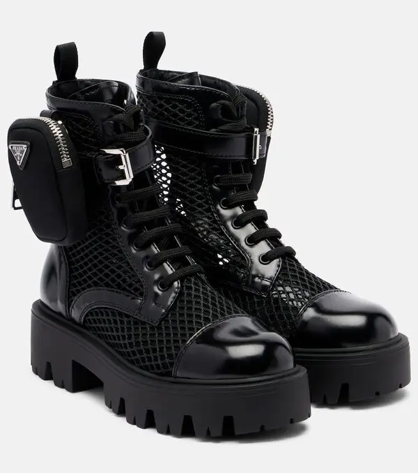 Prada Leather-trimmed Mesh Combat Boots