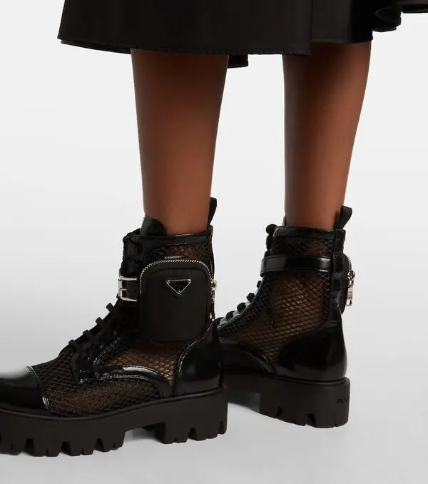 Prada Leather-trimmed Mesh Combat Boots