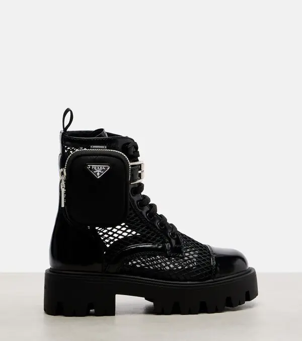 Prada Leather-trimmed Mesh Combat Boots