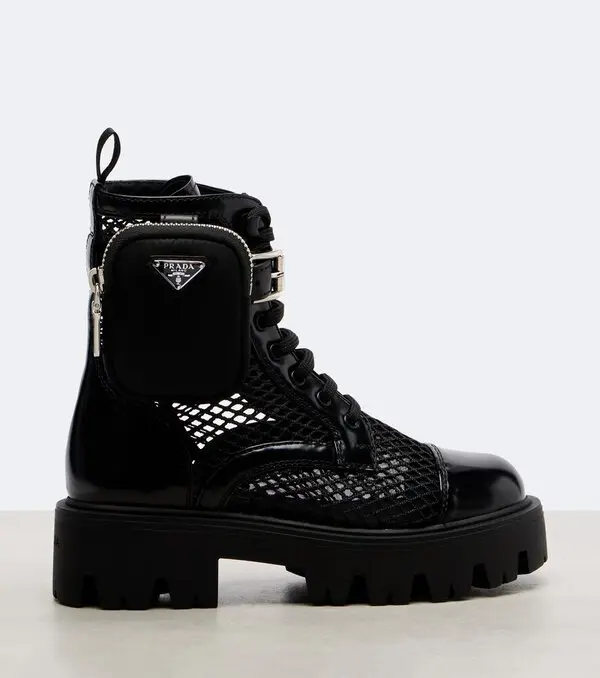 Prada Leather-trimmed Mesh Combat Boots