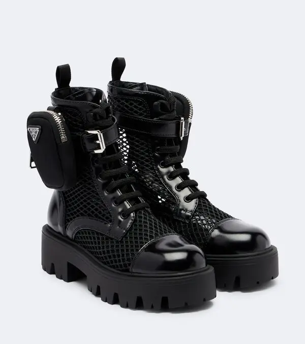 Prada Leather-trimmed Mesh Combat Boots - Black