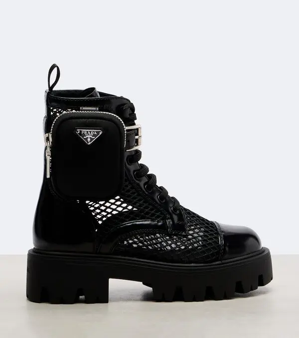 Prada Leather-trimmed Mesh Combat Boots