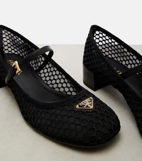 Prada Leather-trimmed Mesh Mary Jane Pumps - Black