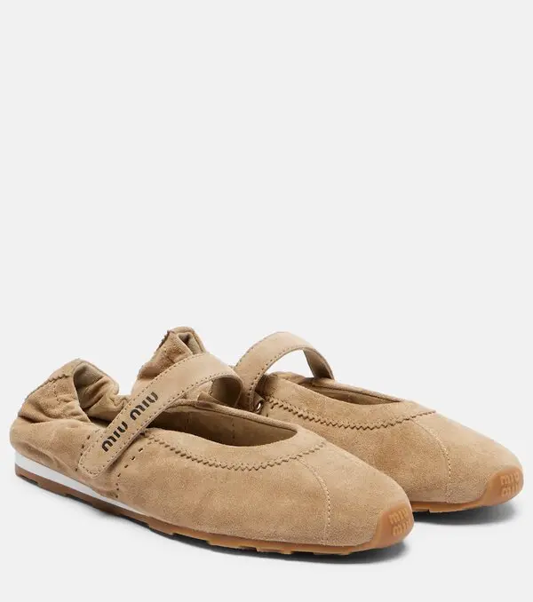 Miu Miu Plume Suede Ballet Flats - Beige