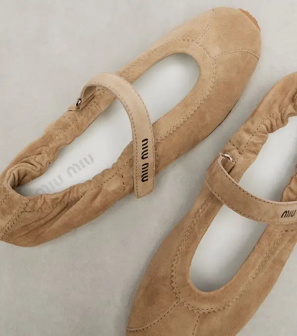 Miu Miu Plume Suede Ballet Flats - Beige