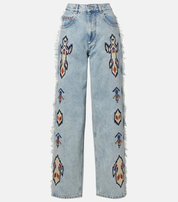MARANT ETOILE Maella Embroidered Fringed Straight Jeans - Blue