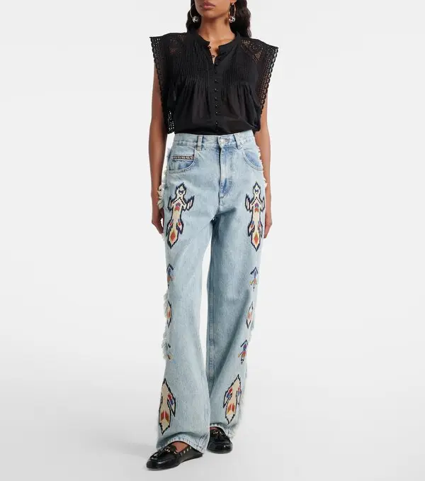 MARANT ETOILE Maella Embroidered Fringed Straight Jeans
