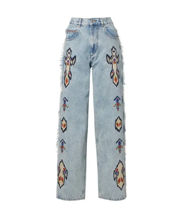 MARANT ETOILE Maella Embroidered Fringed Straight Jeans - Blue