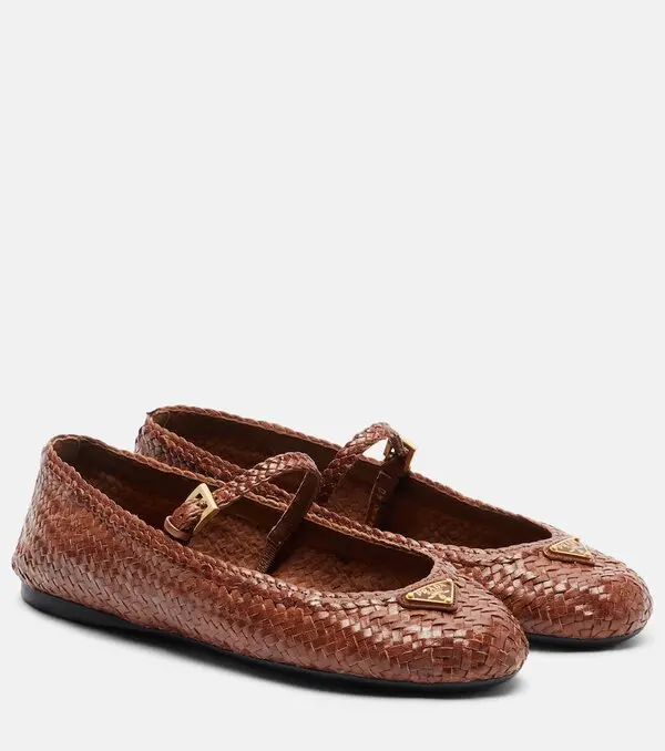 Prada Woven Leather Mary Jane Flats - Brown