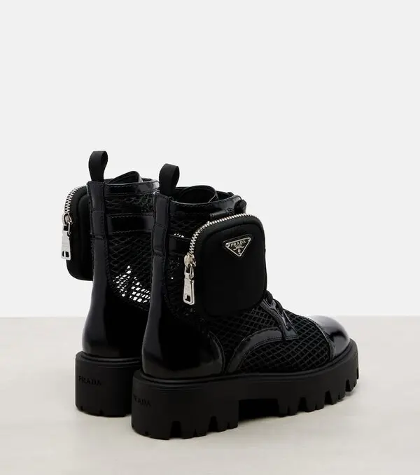 Prada Leather-trimmed Mesh Combat Boots