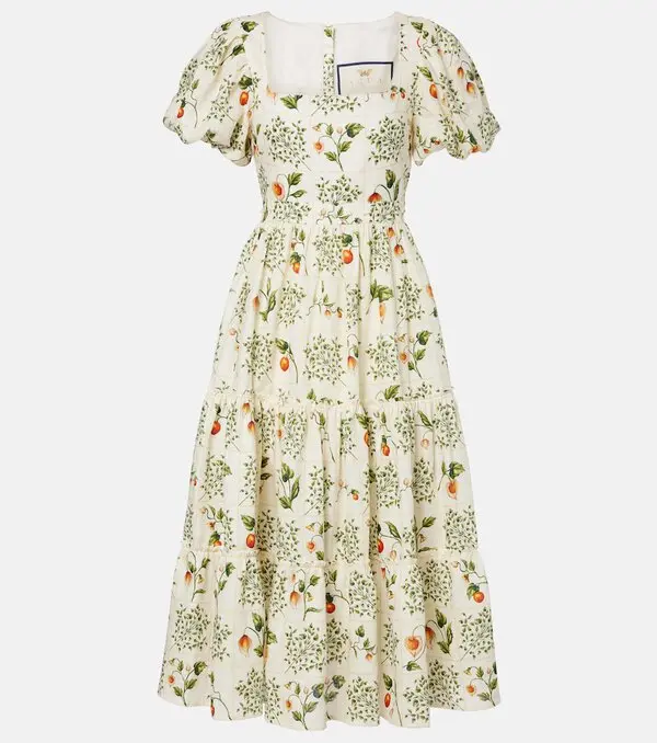 Agua Bendita Embellished Printed Linen Midi Dress - White