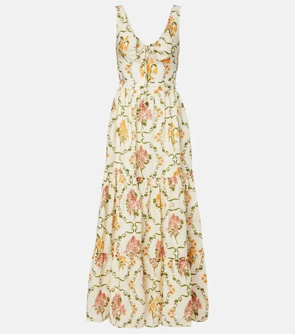 Agua Bendita Azulejo Floral Linen Maxi Dress - White