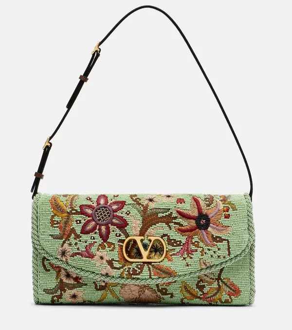 Valentino Garavani Devain Small Beaded Floral Shoulder Bag - Green
