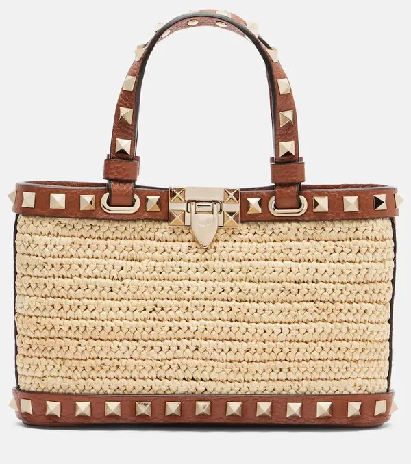 Valentino Garavani Rockstud Mini Raffia Tote Bag - Beige