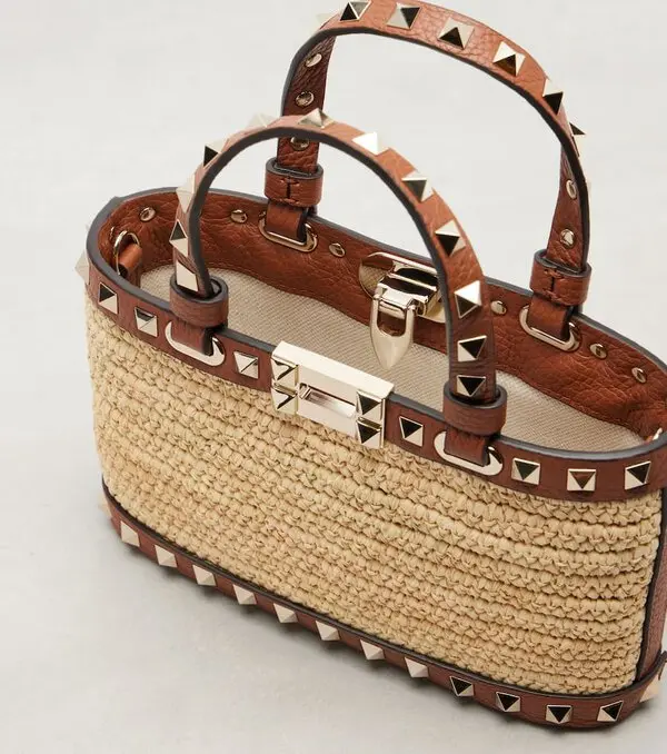 Valentino Garavani Rockstud Mini Raffia Tote Bag - Beige