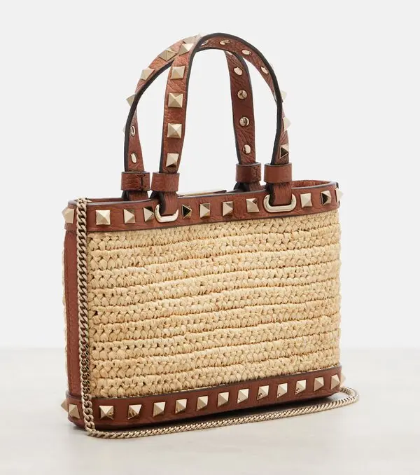 Valentino Garavani Rockstud Mini Raffia Tote Bag - Beige