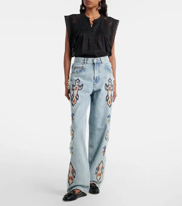 MARANT ETOILE Maella Embroidered Fringed Straight Jeans
