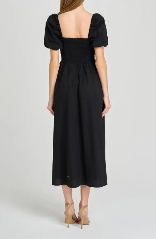 Wayf Lucy Ruched Puff Sleeve Midi Dress In Black - 25% Off | Editorialist